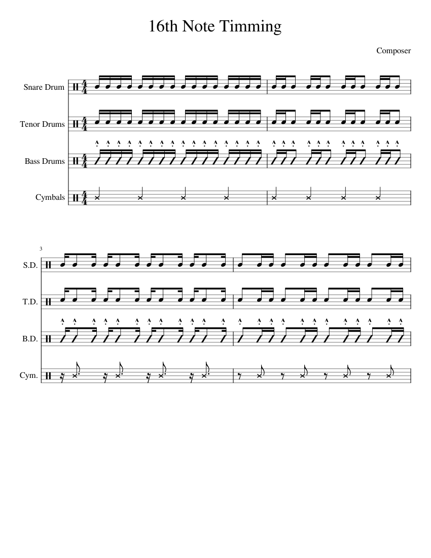 16th note timming Sheet music for Snare drum, Crash, Tenor drum, Bass ...