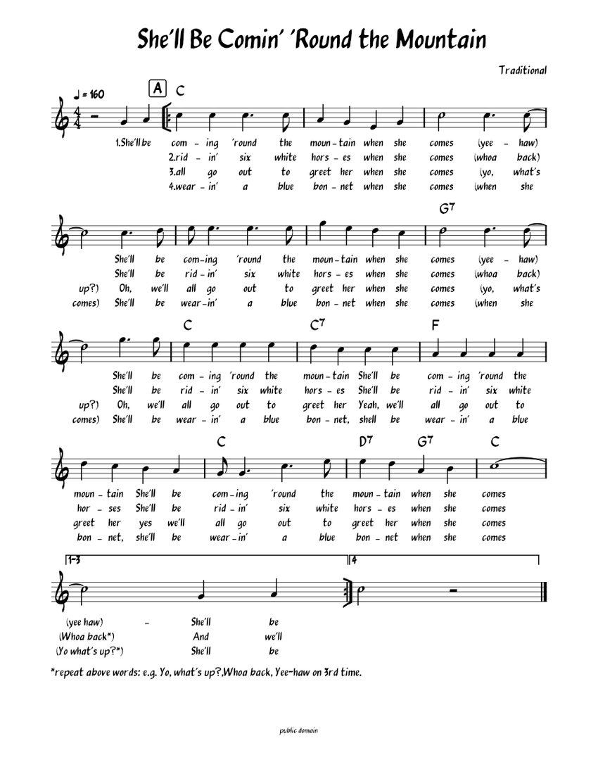 She'll Be Comin' 'Round the Mountain (Lead Sheet with lyrics ) Sheet Music with Chords for Piano ...