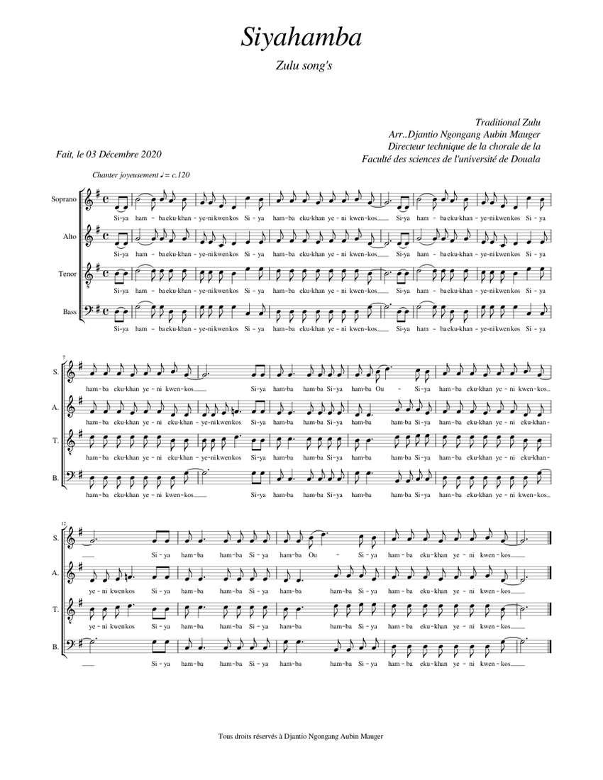 Siyahamba Sheet Music for Soprano, Alto, Tenor, Bass voice (Choral ...