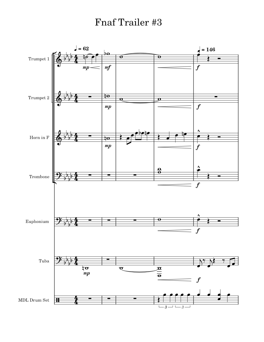 Fnaf Trailer #3 Sheet Music for Trombone, Euphonium, Tuba, French horn ...