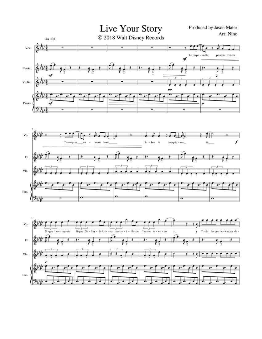 Live Your Story Sheet Music for Piano, Vocals, Flute, Violin (Mixed ...