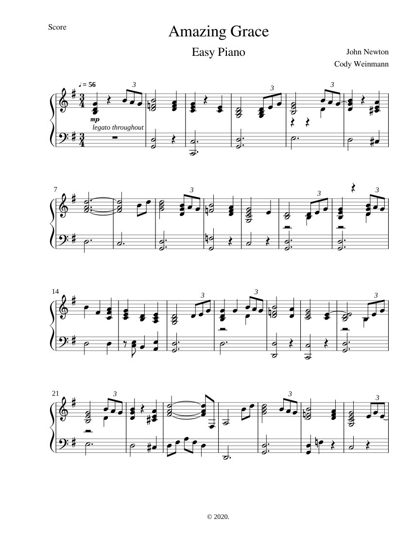 Amazing Grace Arranged for Piano in G Major Sheet Music for Piano (Solo ...