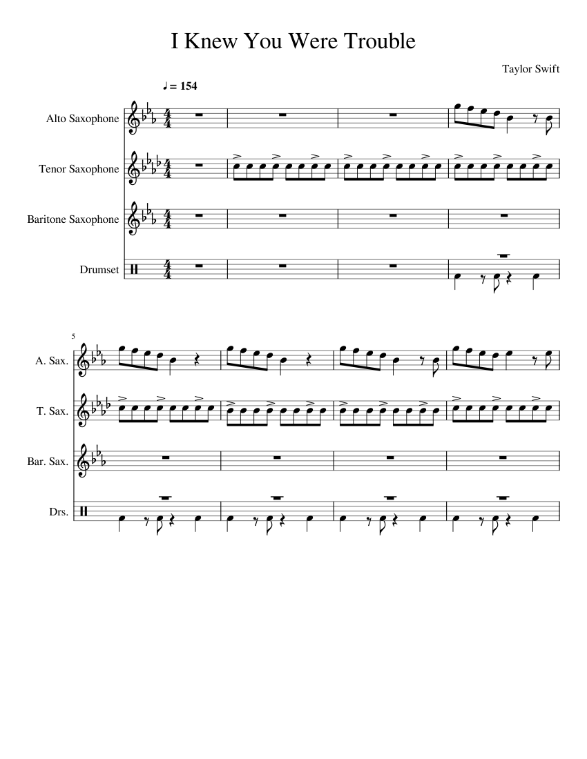 I Knew You Were Trouble - Taylor Swift Sheet music for Saxophone alto ...