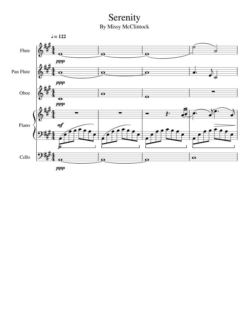 Serenity Sheet Music for Piano, Flute, Oboe, Cello (Mixed Ensemble ...