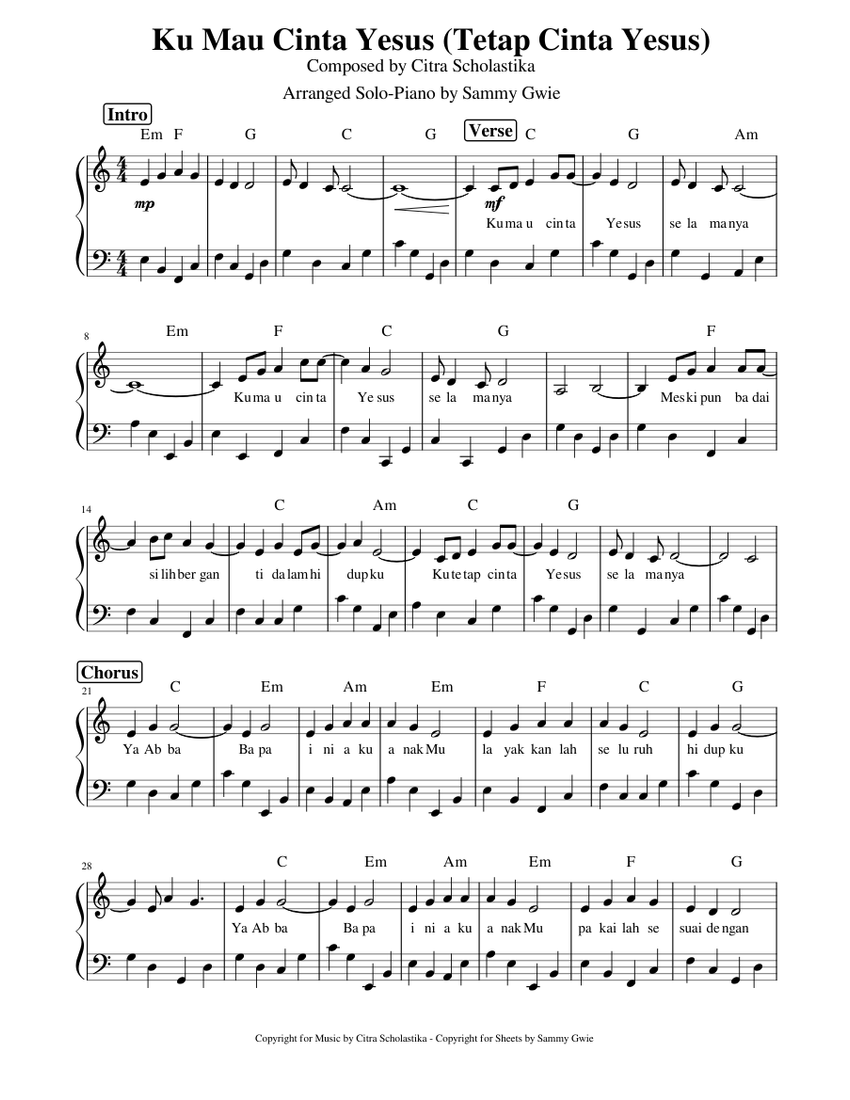 Ku Mau Cinta Yesus Selamanya Sheet Music with Chords for Piano (Solo) easy | MuseScore.com