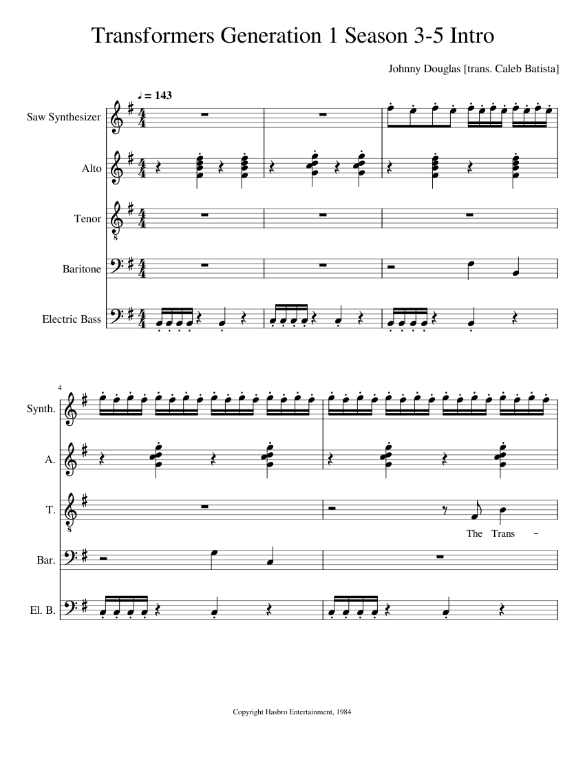 Transformers Generation 1 Season 3-5 Intro Sheet Music for Alto, Tenor ...