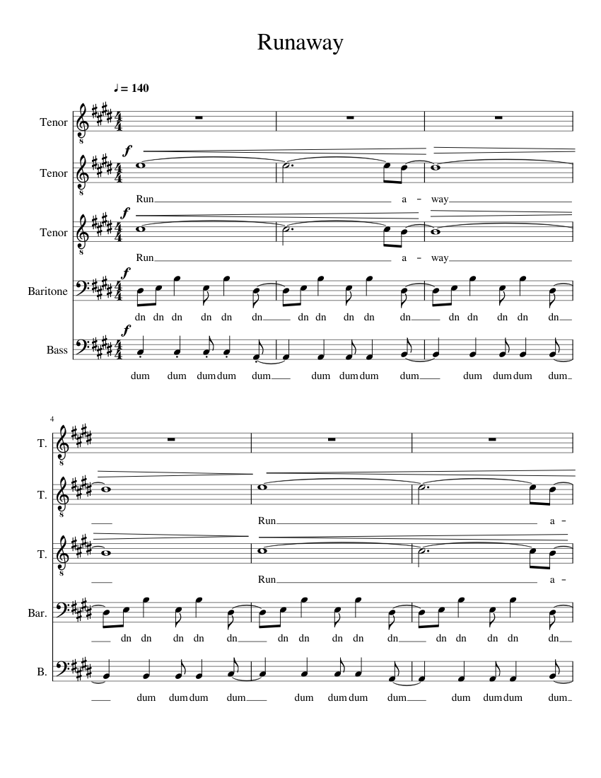 Runaway (acapella) Sheet Music for Tenor, Bass voice, Baritone (A ...