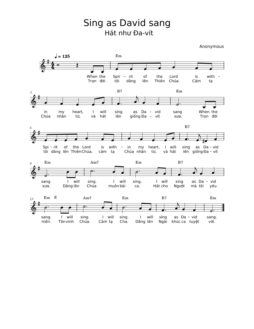 Sing as David sang Hát như Đa-vít Sheet Music with Chords for Piano ...
