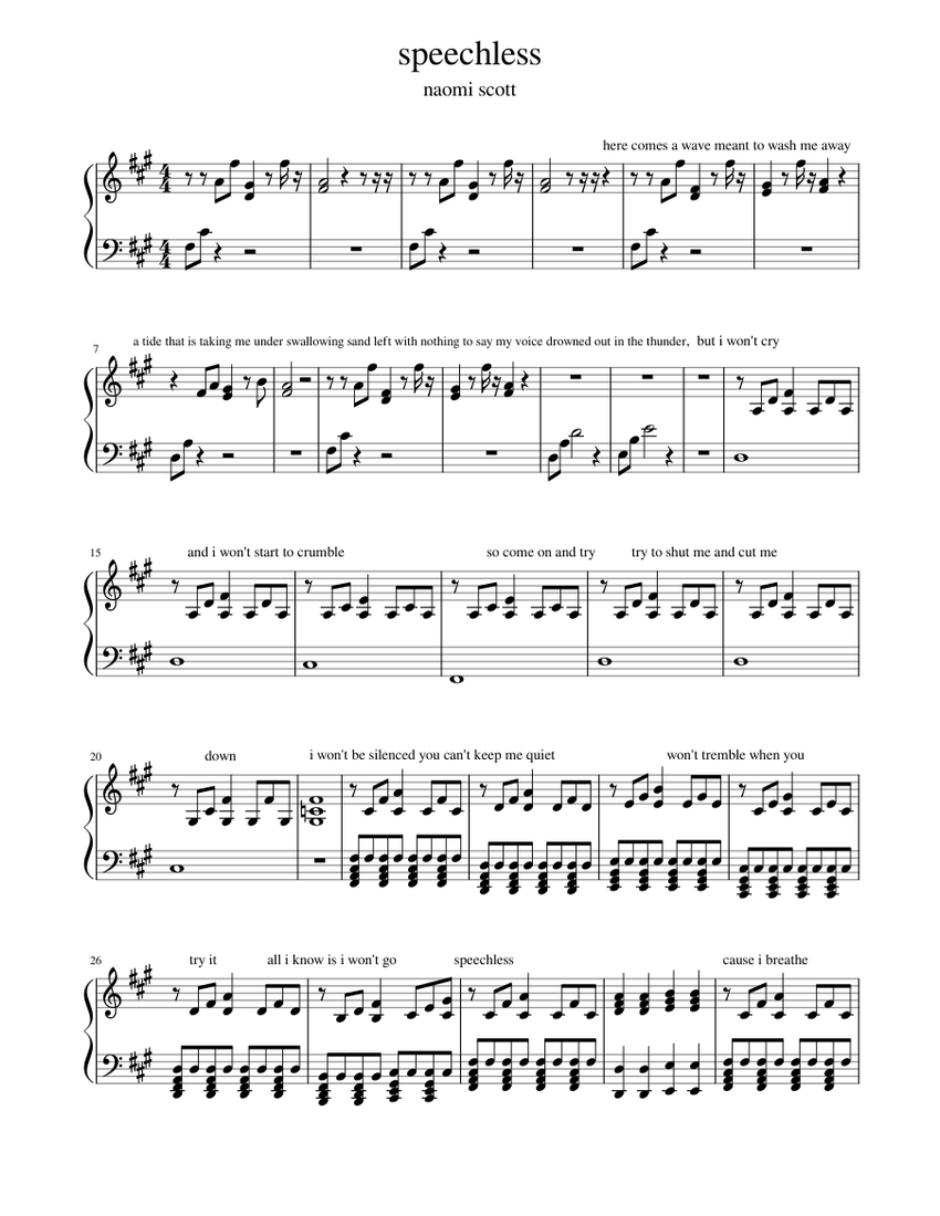 Speechless from ''naomi scott'' Sheet music for Piano (Solo ...