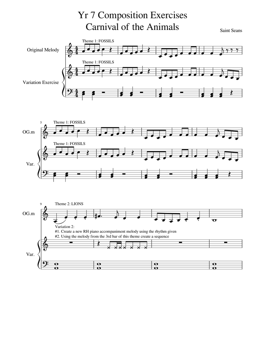 Yr 7 composition exercise Carnival of the Animals Sheet music for Piano ...