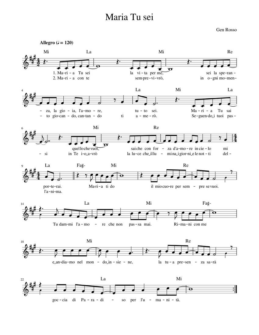 Maria tu sei – Gen Rosso Sheet Music with Chords for Piano (Church ...