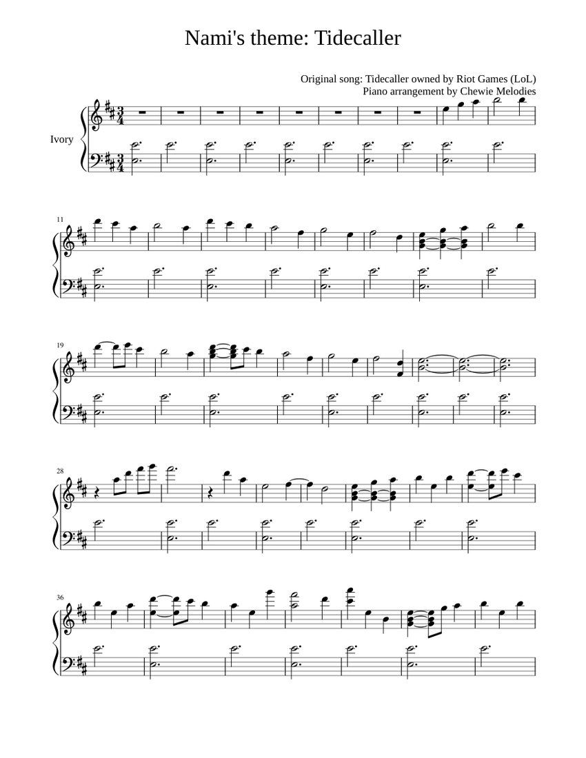 Nami's theme - Tidecaller (Simplified) Sheet music for Piano (Solo ...