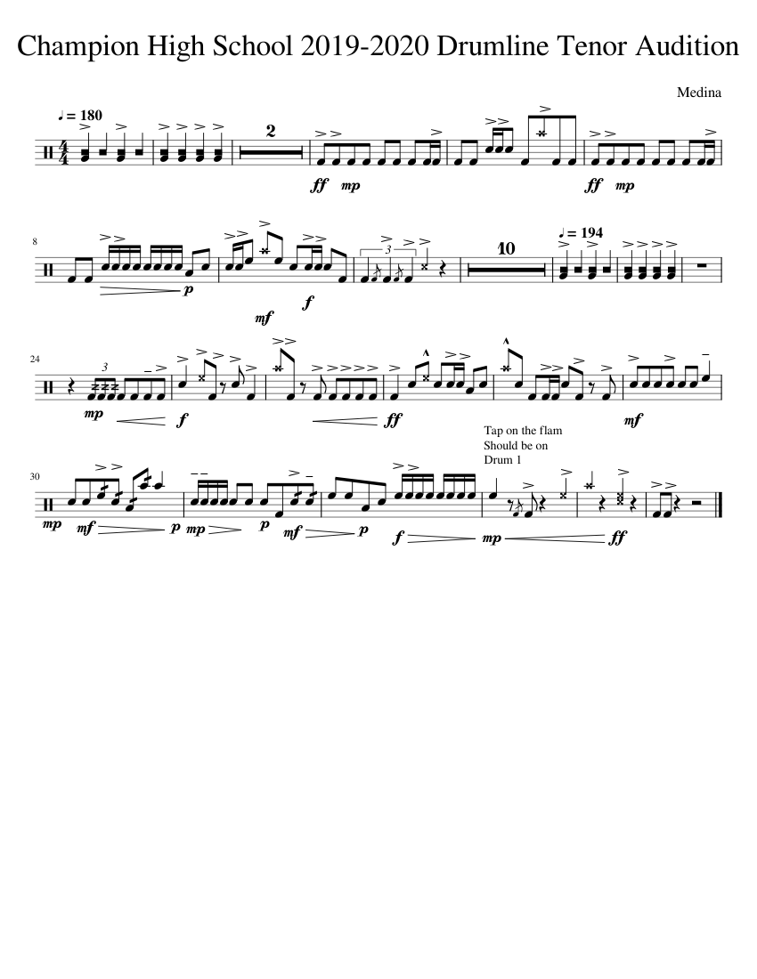 Champion High School 2019-2020 Drumline Tenor Audition Sheet music for ...