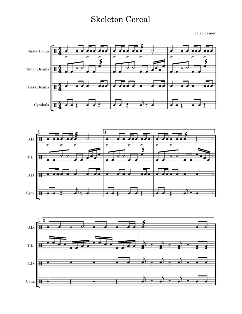 Skeleton Cereal Sheet music for Snare drum, Crash, Tenor drum, Bass ...