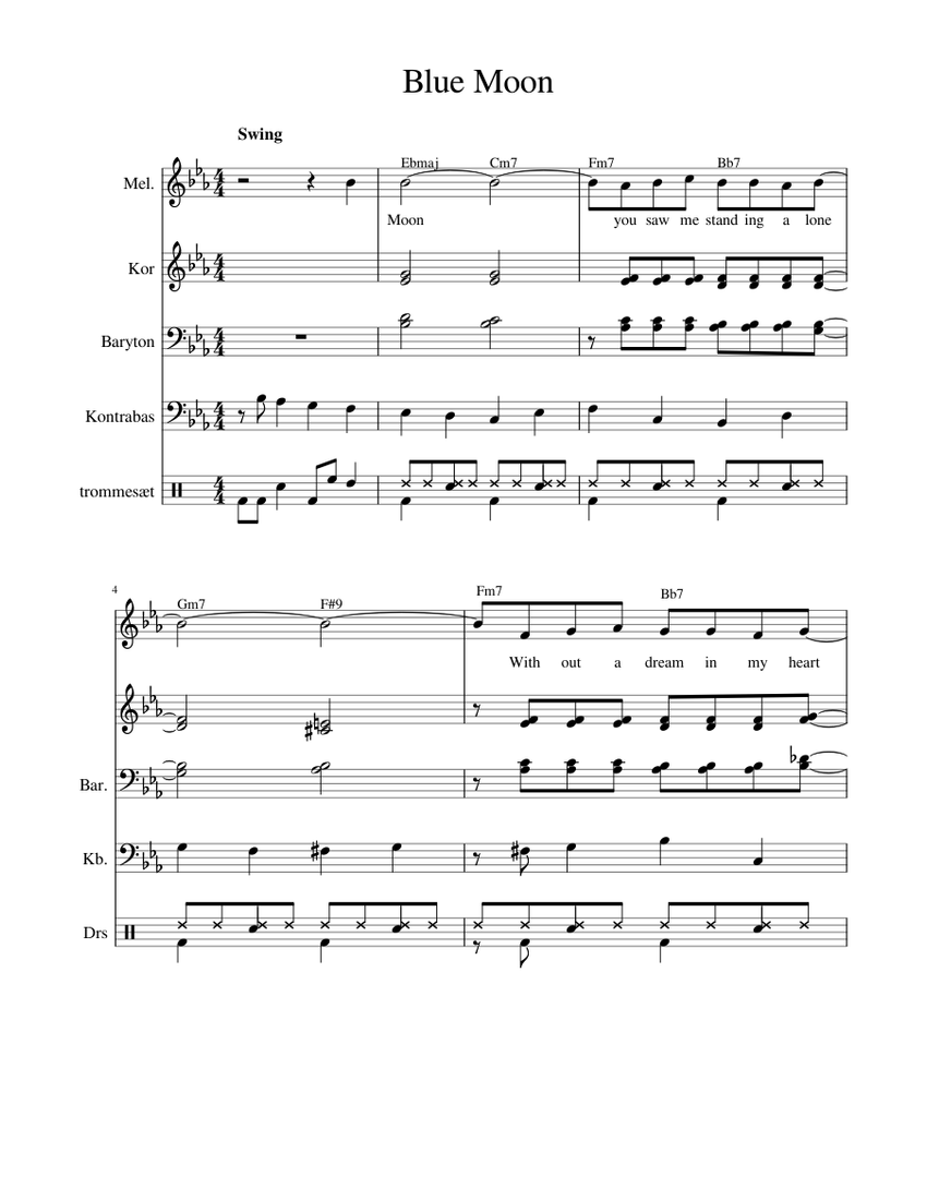 Blue Moon Jazz Arrangement Sheet Music for Vocals, Baritone, Contrabass ...