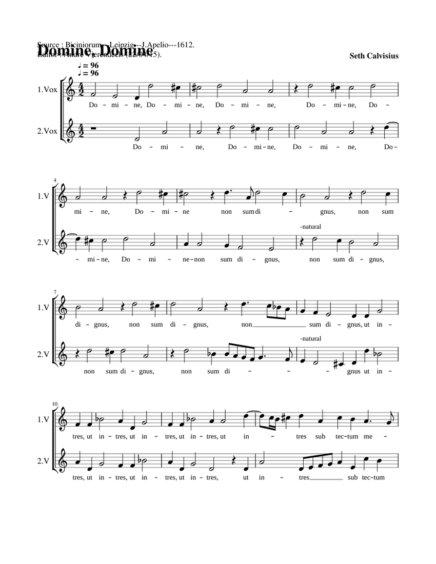 Domine, Domine - Sethus Calvisius Sheet music for Vocals (Choral ...