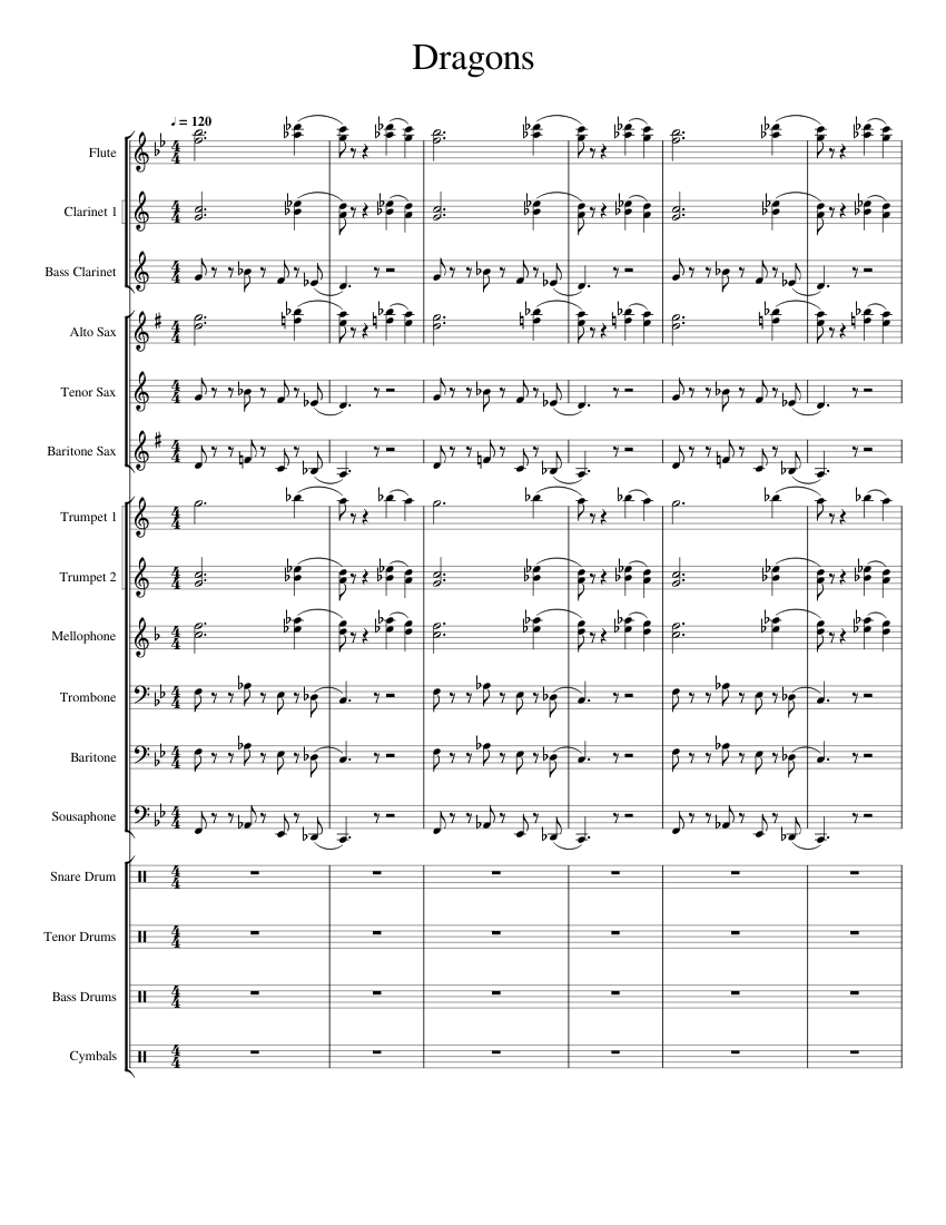 Dragons Sheet music for Trombone, Mellophone, Flute, Clarinet in b-flat ...
