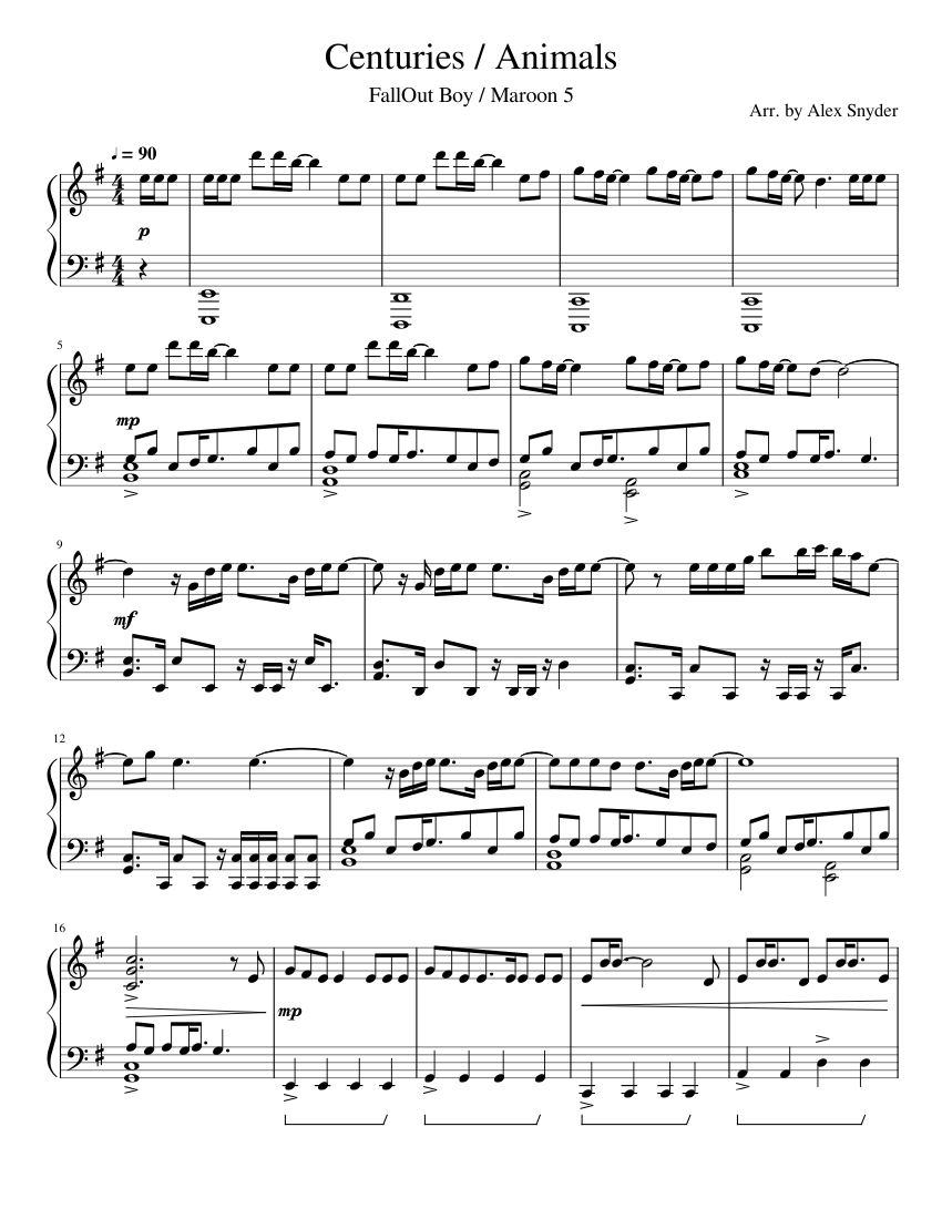 Centuries by Fall Out Boy and Animals by Maroon 5 Mashup Sheet Music ...