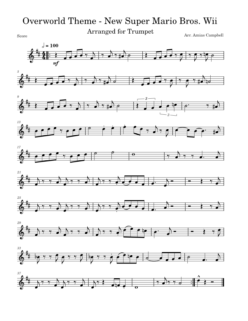 Overworld Theme - New Super Mario Bros. Wii, Arranged for Trumpet Sheet ...