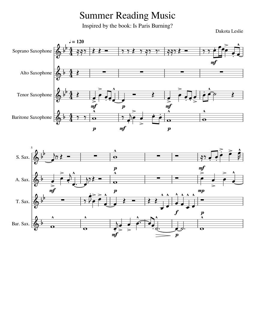 Summer Reading Music Sheet music for Saxophone alto, Saxophone tenor ...
