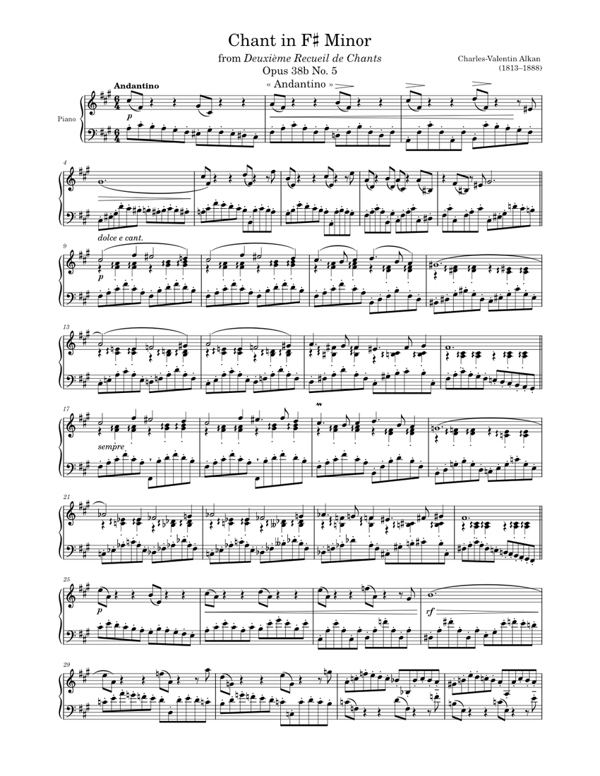 Chant Opus 38b No. 5 in F♯ Minor – Alkan Sheet music for Piano (Solo ...