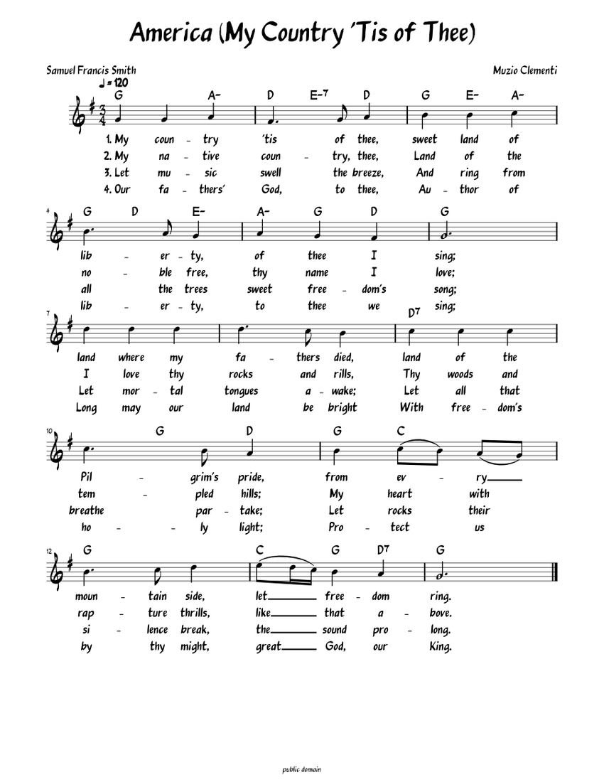 America (My Country, 'Tis of Thee) (Lead sheet with lyrics ) Sheet ...