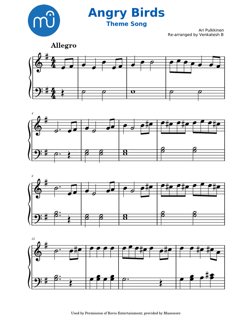 Angry Birds Theme – Ari Pulkkinen (Easy Version) - Whitehatjr Sheet ...