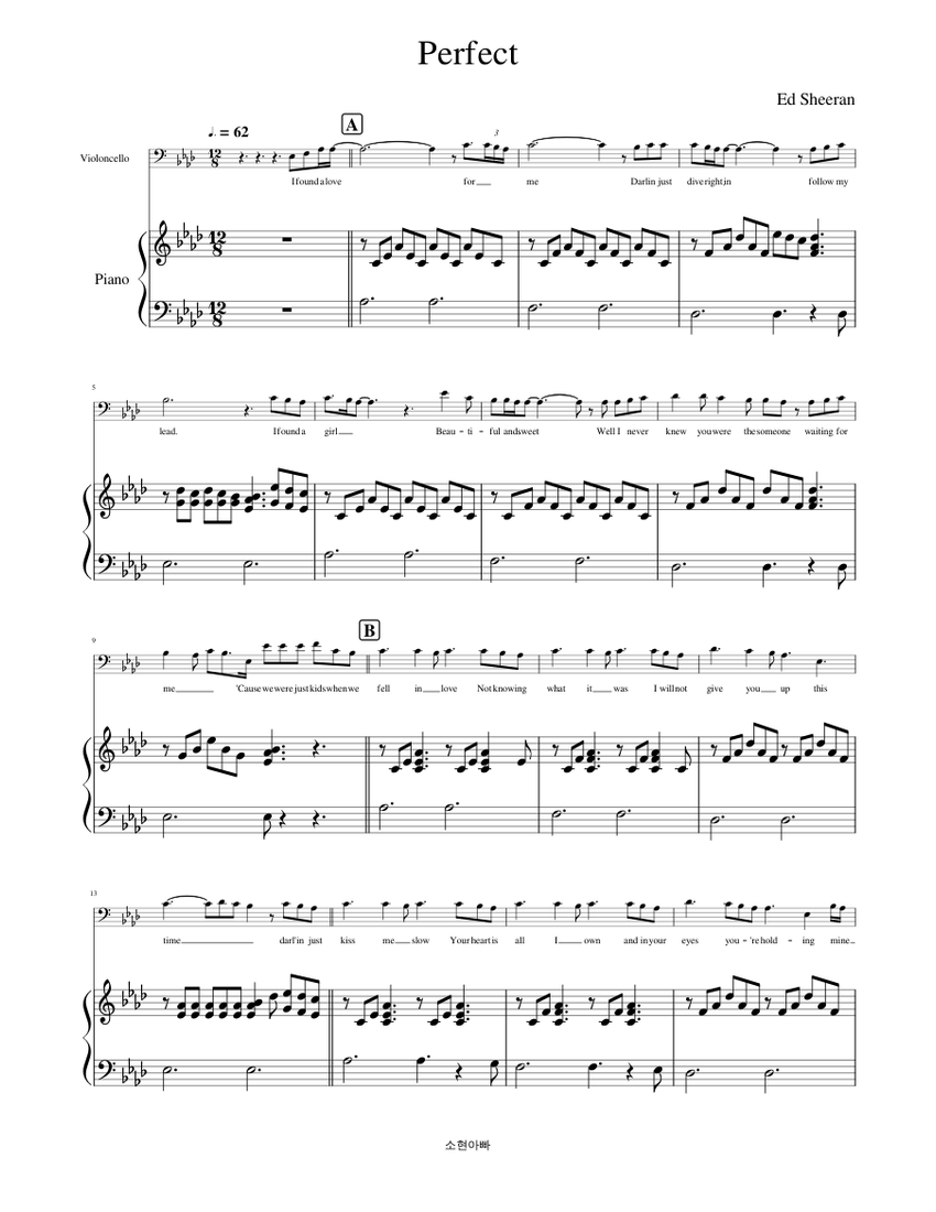 Perfect - Ed Sheeran Sheet Music for Piano, Cello (Solo) | MuseScore.com