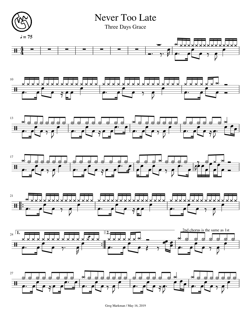 Three Days Grace - Never Too Late Sheet Music for Drum group (Solo ...