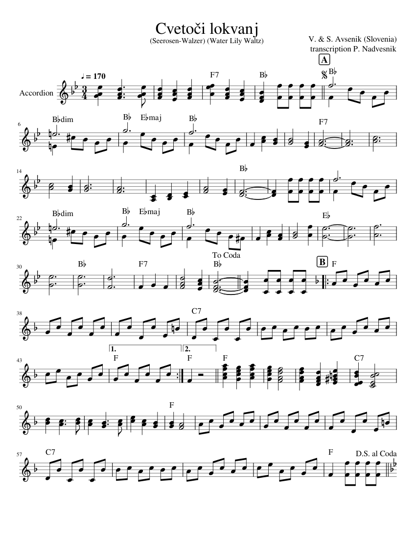 Cvetoči lokvanj/Seerosen-Walzer (V. & S. Avsenik) Sheet Music for ...