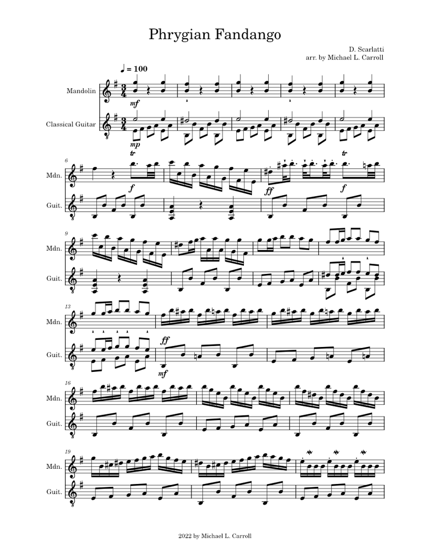 Scarlatti -- Phrygian Fandango – Mandolin and Guitar Sheet Music for Guitar, Mandolin (String ...