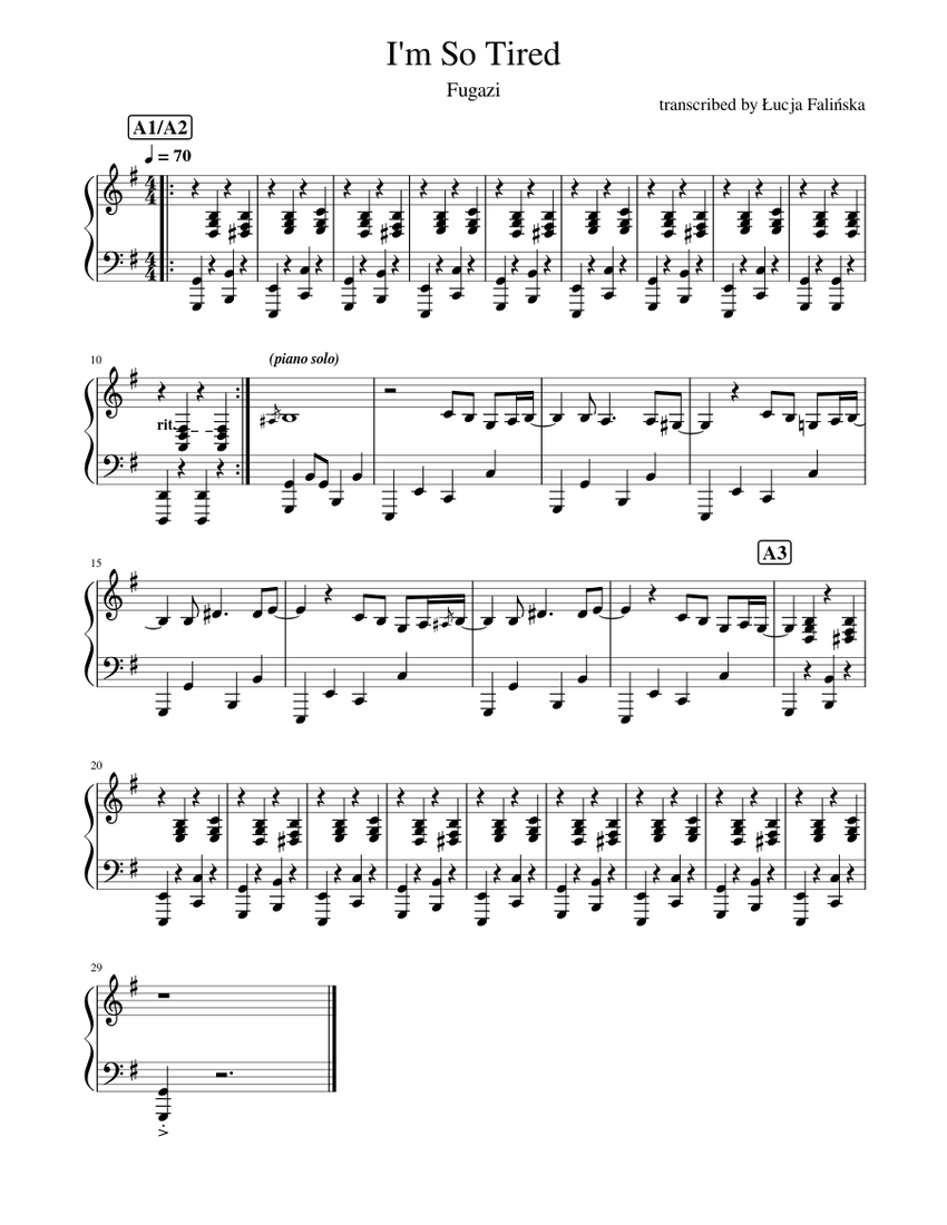 I'm So Tired – Fugazi Sheet Music for Piano (Solo) easy | MuseScore.com