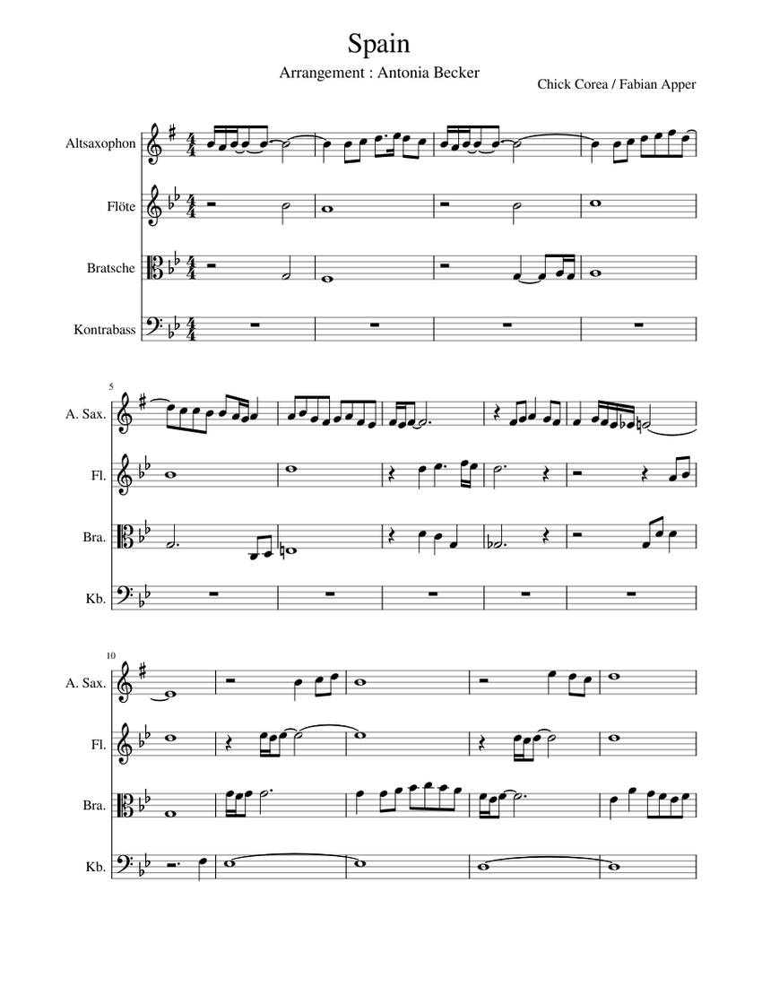 Spain - Triaxversion Sheet Music for Flute, Saxophone alto, Contrabass ...