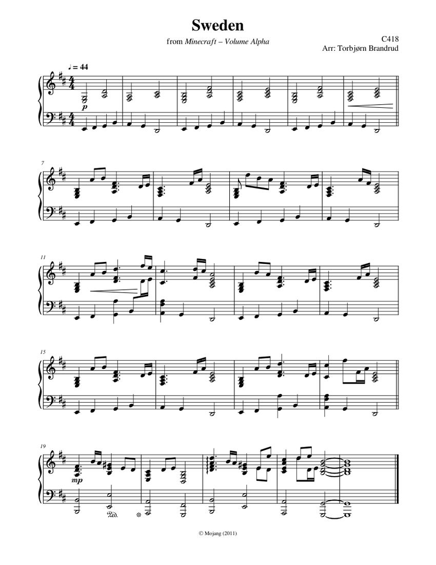 C418 - Sweden (Arr: Torbjørn Brandrud) Sheet music for Piano (Solo ...