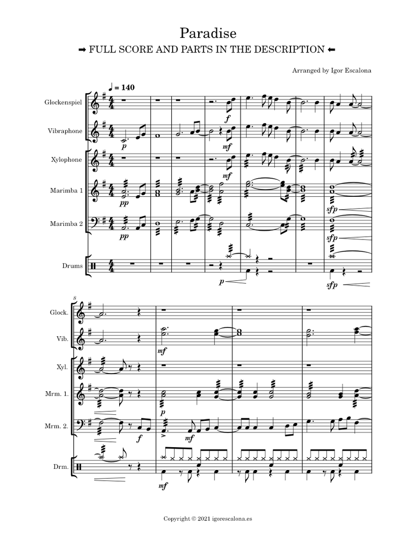 🤩 PARADISE by ColdPlay | Percussion ensemble 🥁 Sheet Music for ...