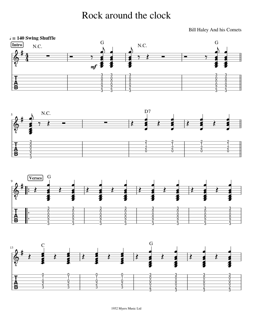 Rock Around the Clock Sheet Music and Tab with Chords for Guitar (Solo ...