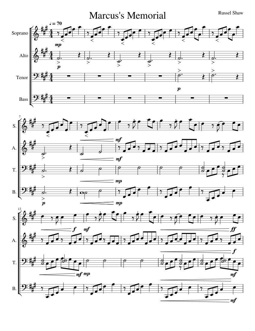 Marcus's Memorial - Russel Shaw Sheet Music for Soprano, Alto, Tenor ...
