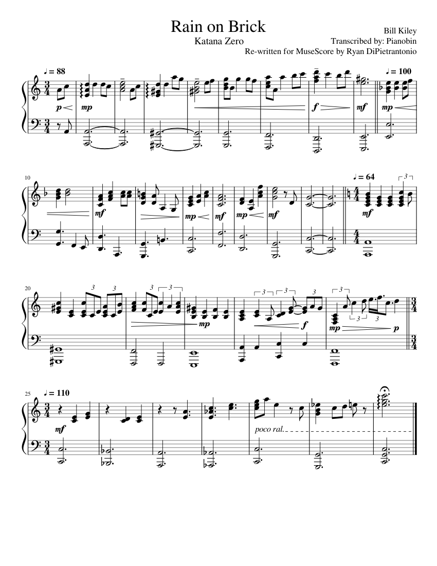 Rain_on_Brick from Katana Zero (piano) Sheet Music for Piano (Solo) easy | MuseScore.com