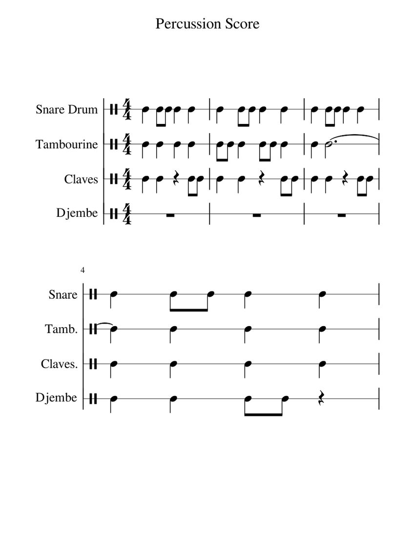 Percussion assignment Sheet music for Tambourine, Snare drum, Bass drum ...