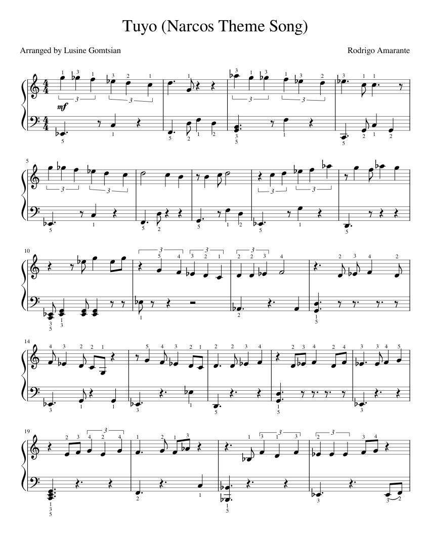 Tuyo - Narcos Theme Song - Rodrigo Amarante Sheet Music for Piano (Solo ...