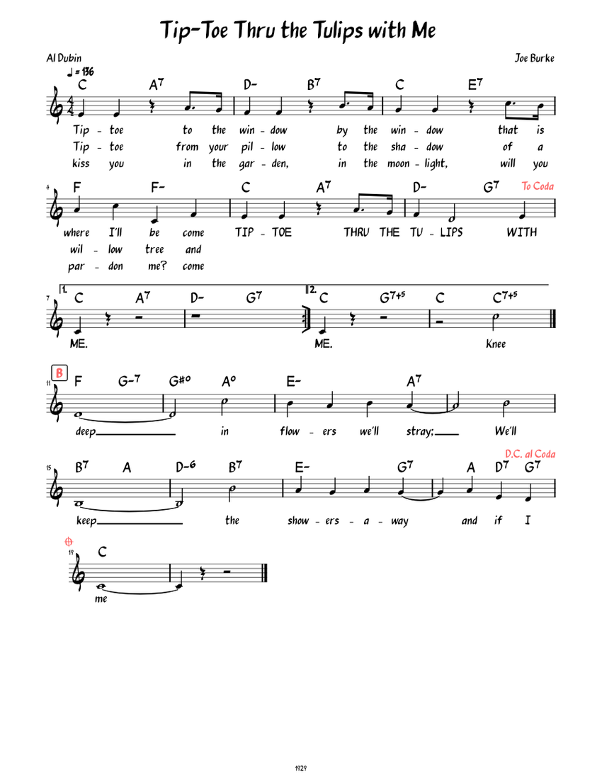 Tip-Toe Thru the Tulips with Me (Lead sheet with lyrics ) Sheet Music ...