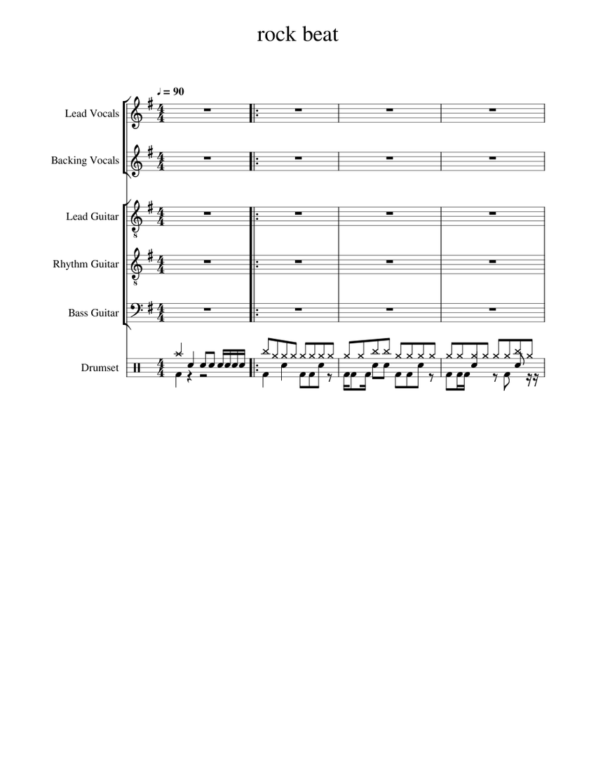 Rock beat Sheet Music for Vocals, Guitar, Bass guitar, Drum group (Rock ...