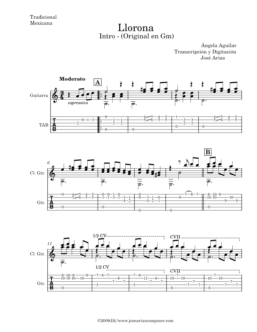 La llorona – Ángela Aguilar Sheet Music and Tab for Piano, Guitar (Solo ...