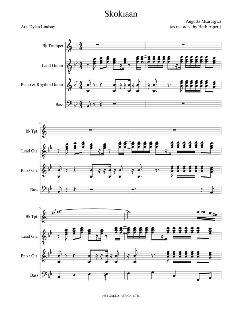 Skokiaan Sheet Music for Piano, Trumpet in b-flat, Guitar, Bass guitar ...