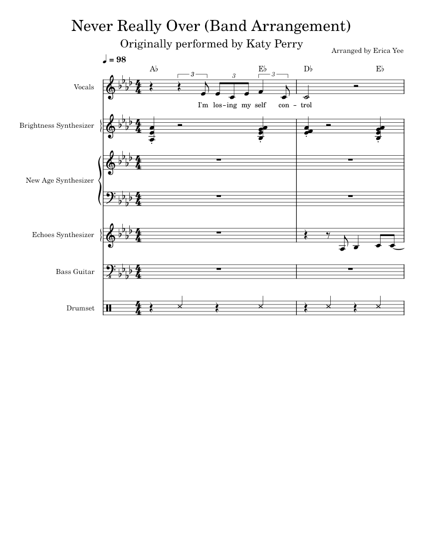 Never Really Over (Band Arrangement) Sheet Music for Piano, Bass guitar ...