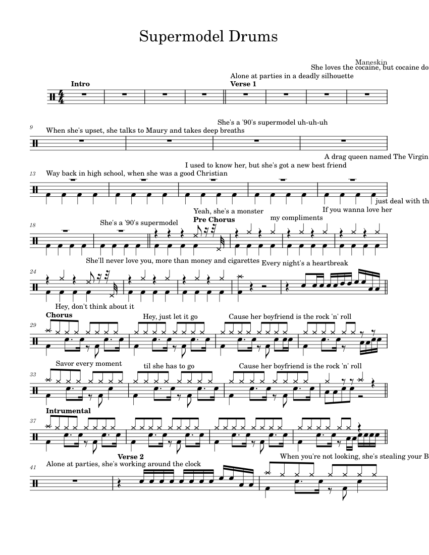 Supermodel – Måneskin Drums Sheet Music for Drum group (Solo ...