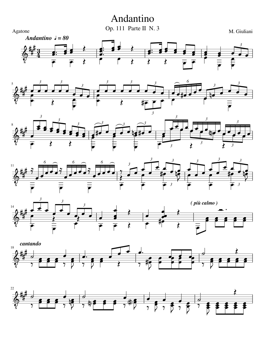 M. Giuliani Op.111 Pt.II N.3 Andantino Sheet Music for Guitar (Solo ...