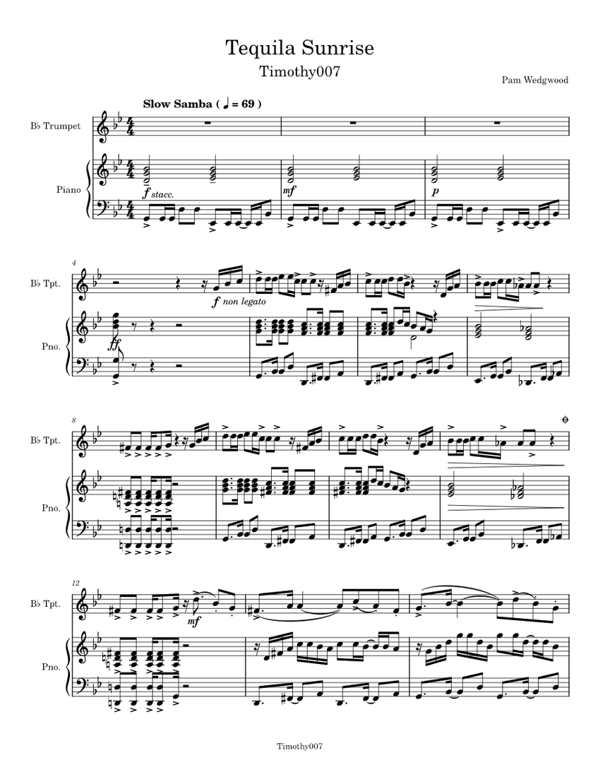 Tequila Sunrise – Pam Wedgwood Sheet Music for Piano, Trumpet in b-flat ...