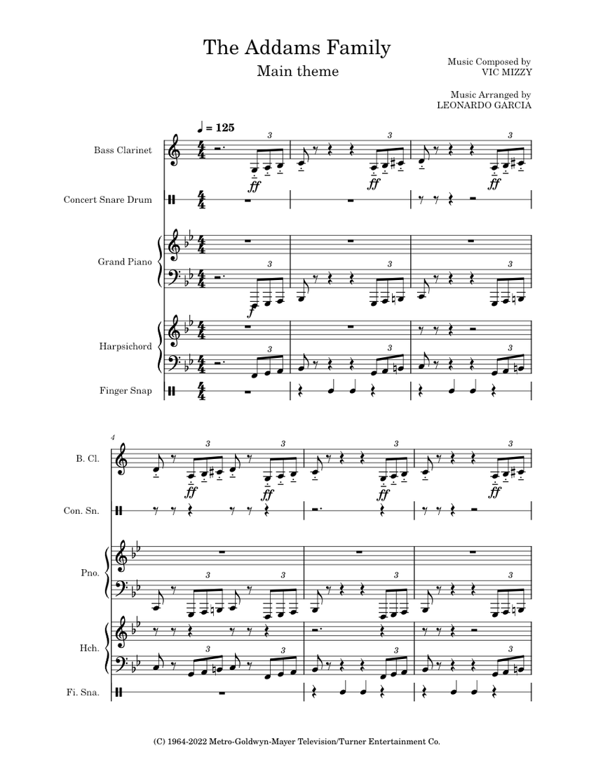 The Addams Family (main theme) – Vic Mizzy Sheet Music for Piano ...