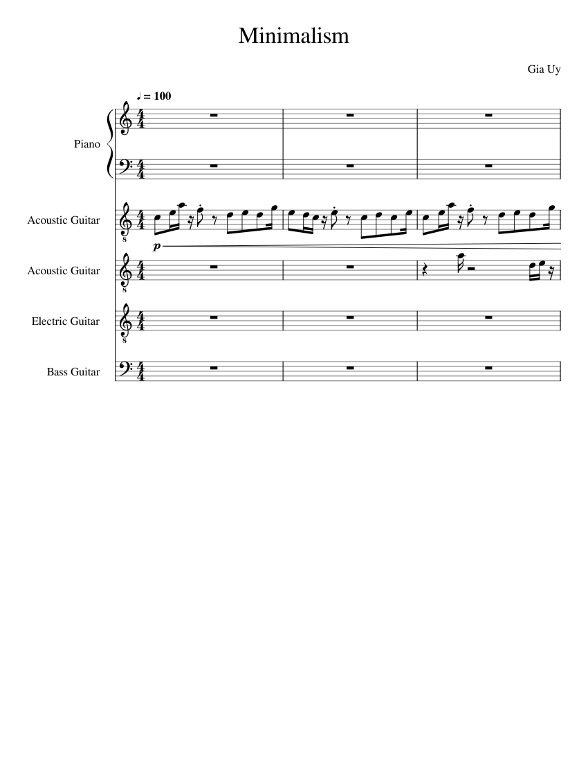 minimalism Sheet music for Piano, Guitar, Bass guitar (Mixed Quintet ...